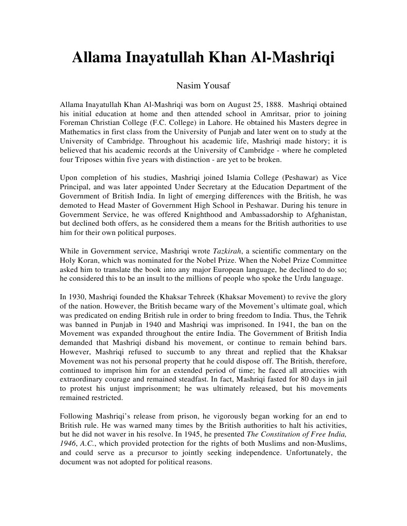 Allama Inayatullah Khan Al-Mashriqi | PDF | British Raj | Religious ...