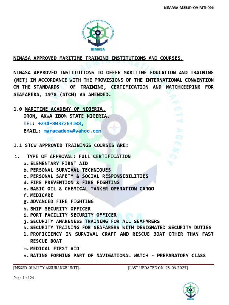 NIMASA Approved Maritime Training Courses | PDF | Sailor | Ships