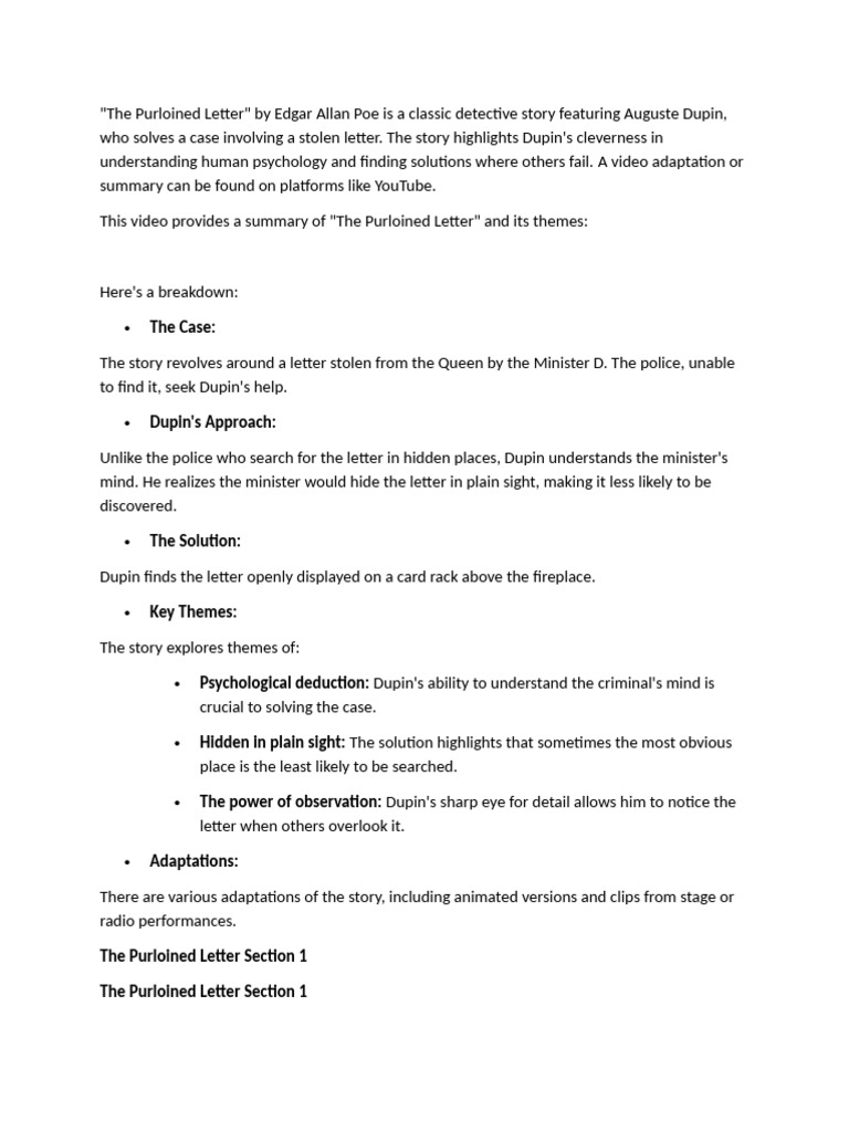 The Purloined Letter Notes | PDF | C. Auguste Dupin