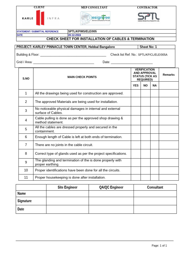 Checklist For Installation of Cable & Termination | PDF