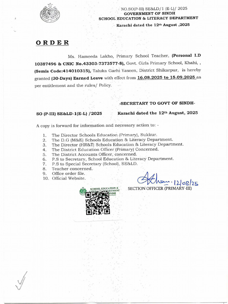 Sindh Teacher Earned Leave Order 2025 | PDF