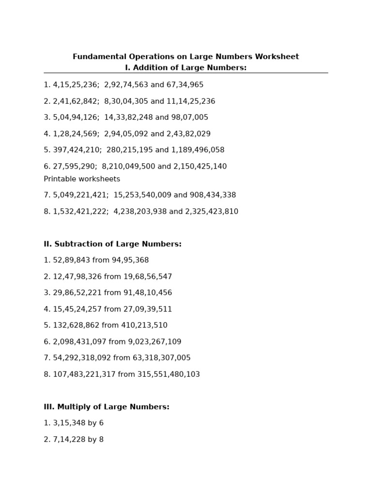 Large Numbers Operations Worksheet | PDF