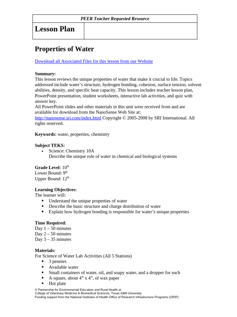 Properties of Water Activity Plan DLC 1455 | PDF | Molecules | Mixture
