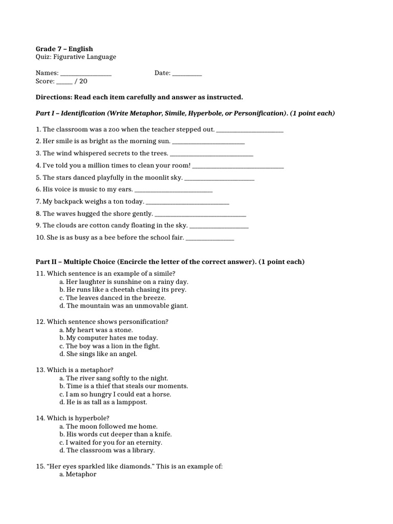 Figurative Language Quiz Grade7 | PDF | Metaphor