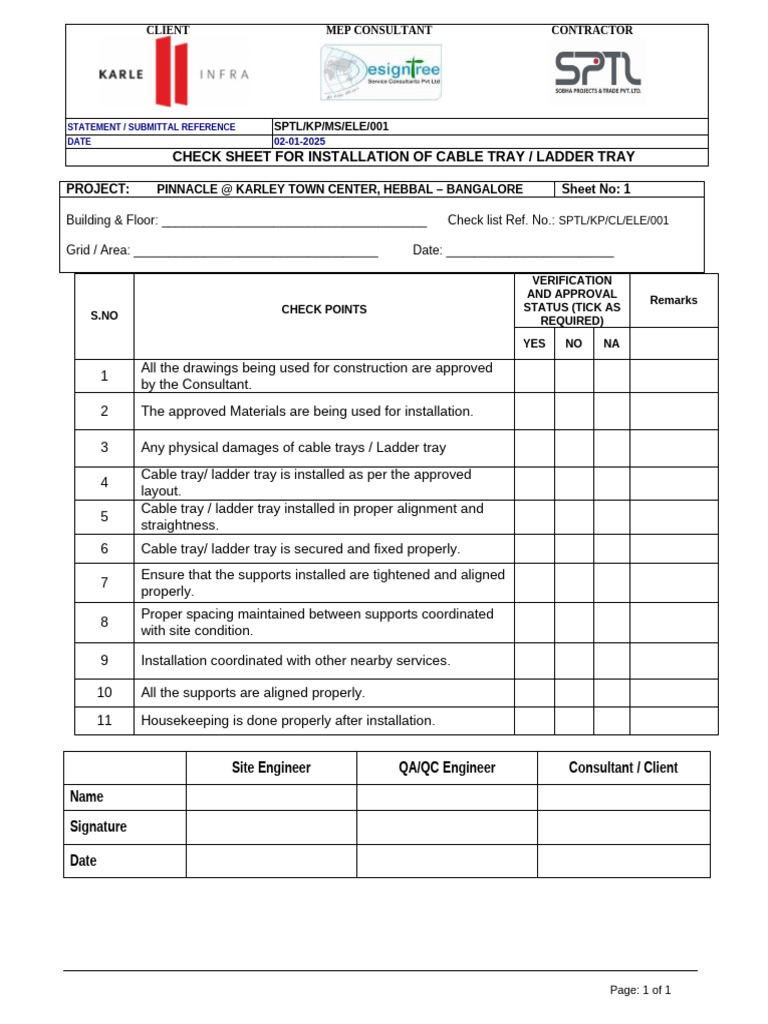 Checklist For Cable Ladder & Tray Installation | PDF