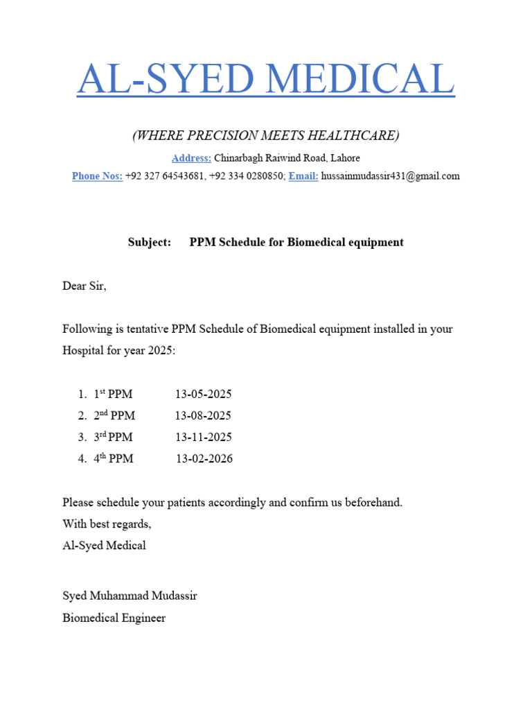 PPM Schedule for Biomedical Equipment | PDF