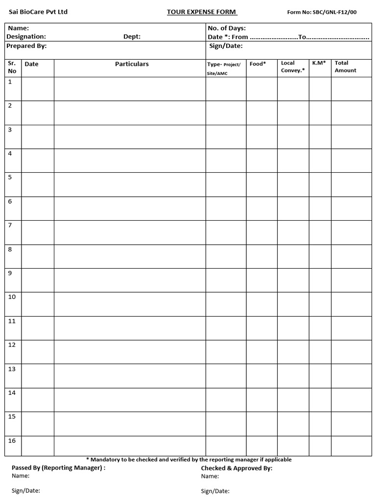 Tour Expense Form Template | PDF