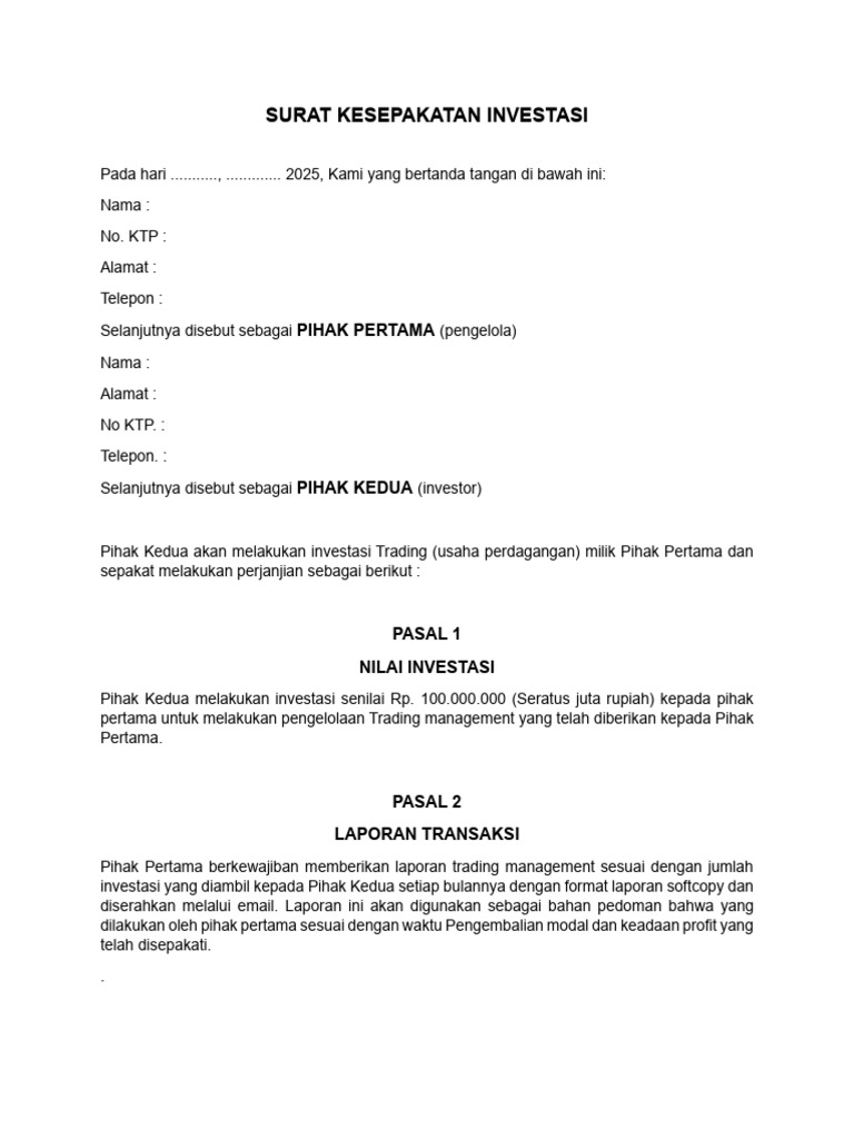 Surat Kesepakatan Investasi | PDF