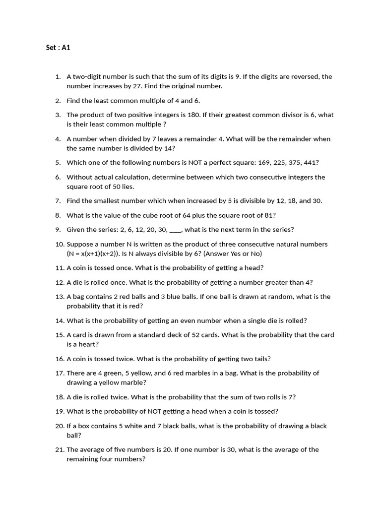 Set A1 | PDF | Elementary Mathematics | Mathematics