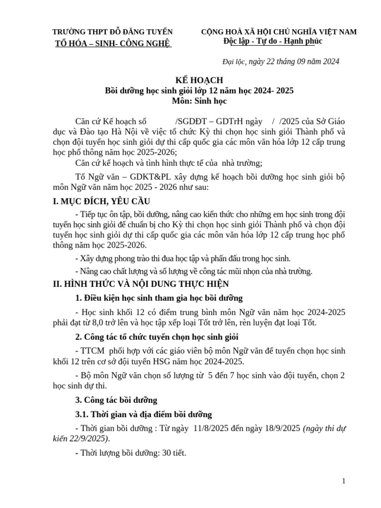 KH BD Hoc Sinh Gioi Lop 12 Nam 2024 2025 | PDF