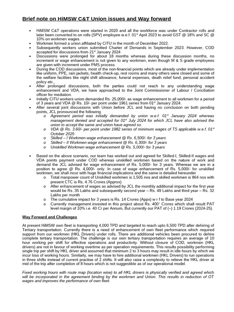 Brief Note On HiMSW CT COD - Union Issues and Way Forward Plan ...