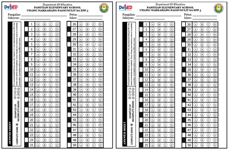 EPP 5 Exam Answer Sheet Template | PDF