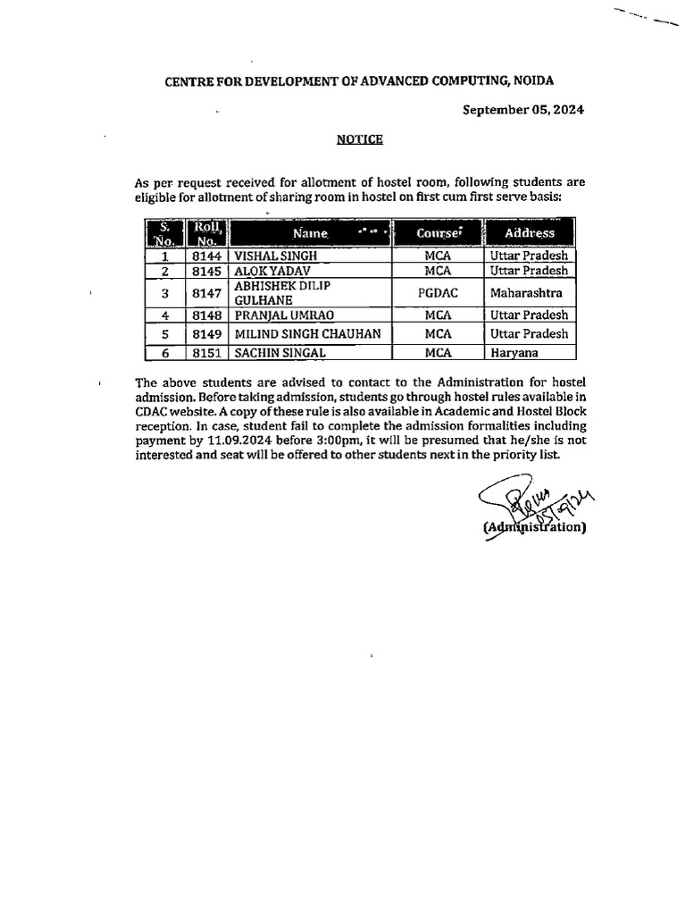 Hostel Allotment Aug 2024 | PDF