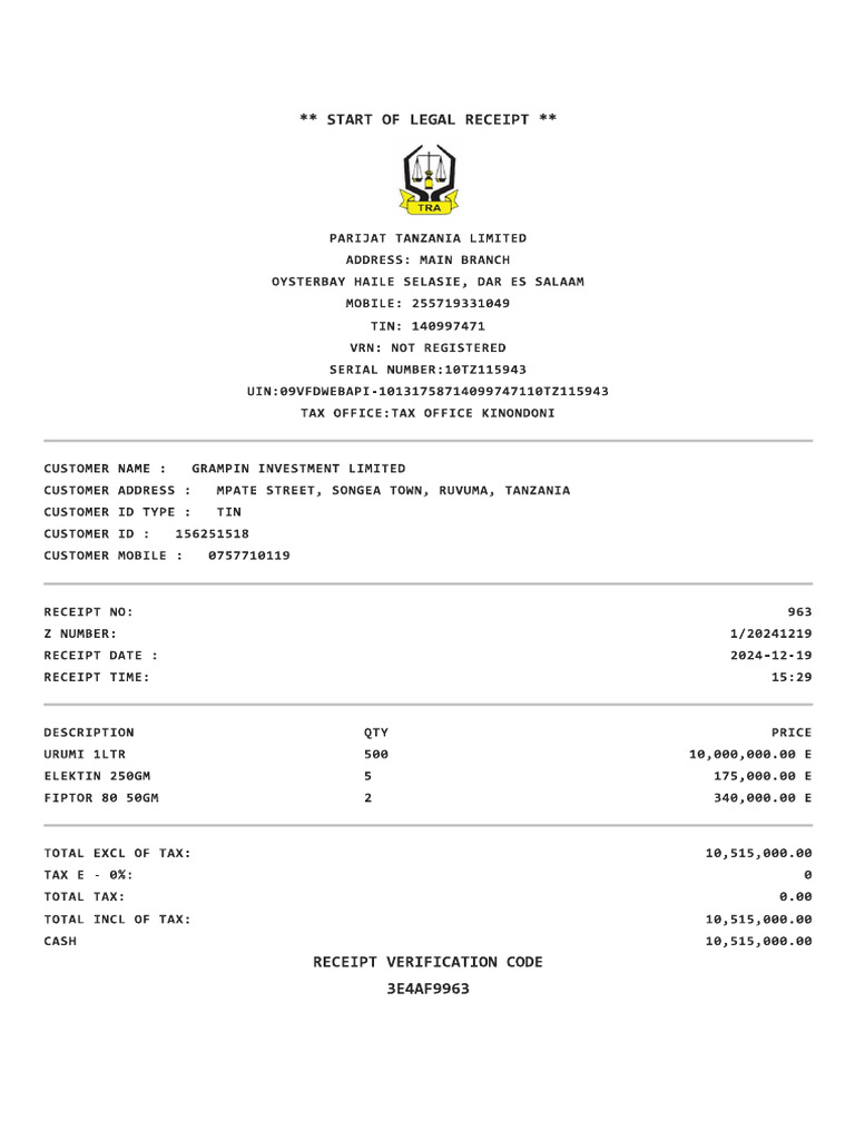 VFD Receipt - Grampin Investment Ltd. | PDF