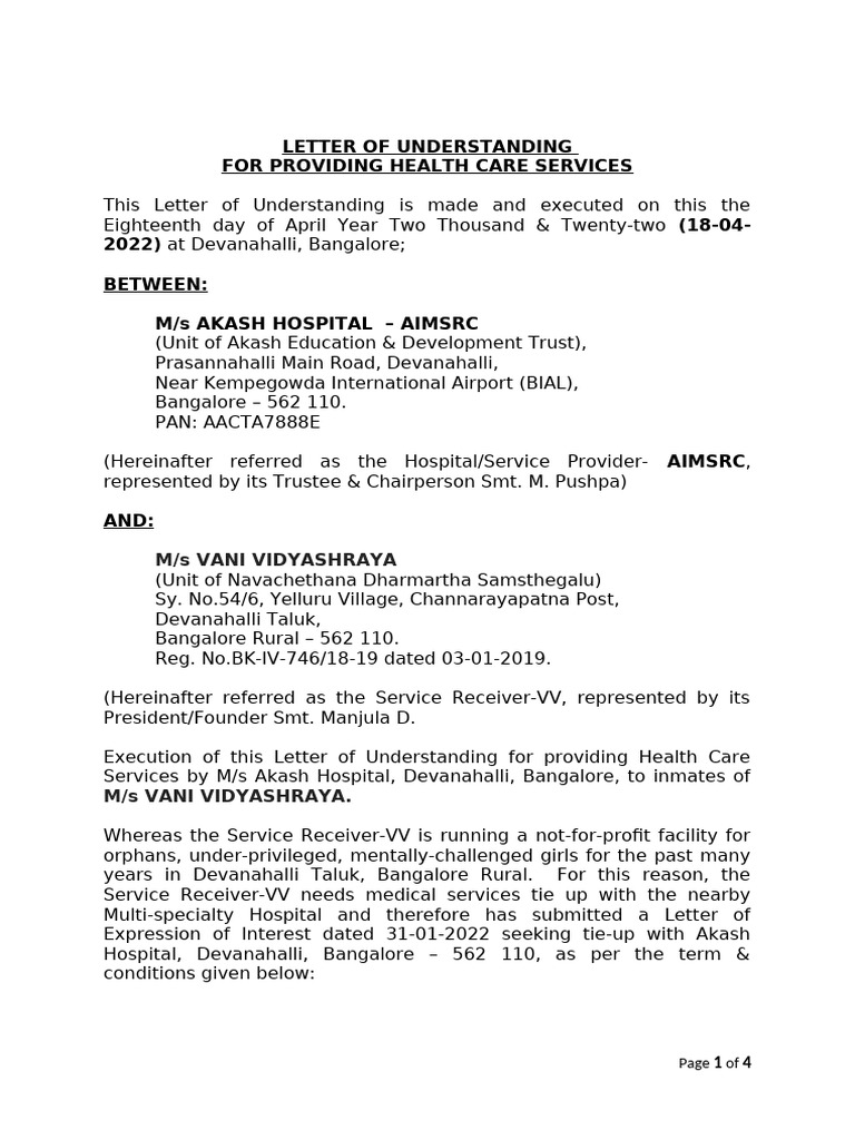 Akash Hospital-Vani Vidyashraya Agreement | PDF | Health Care