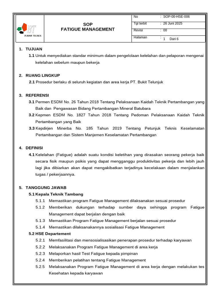 Sop-00-Hse-006 Sop Fatigue Management | PDF