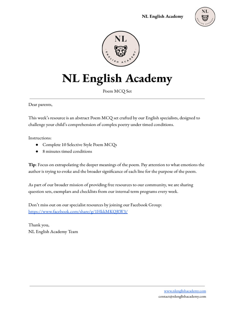 (Volume 4A) Poem MCQ Practice Content - NL English Academy | PDF ...