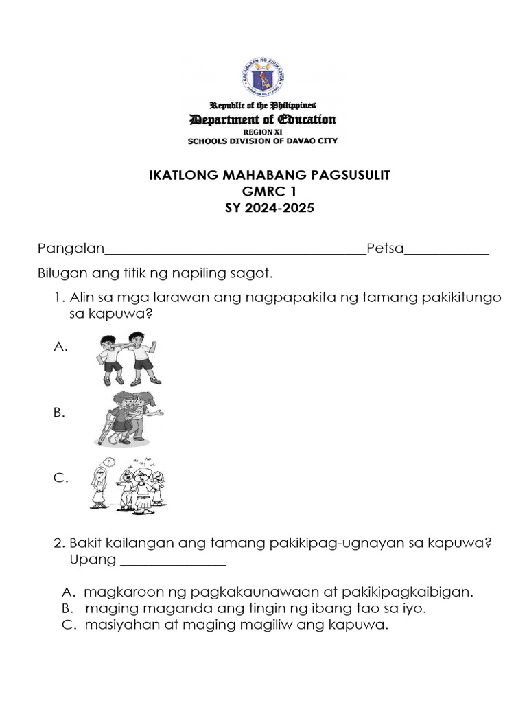 Ikatlong Mahabang Pagsusulit GMRC 1 SY 2024-2025 | PDF