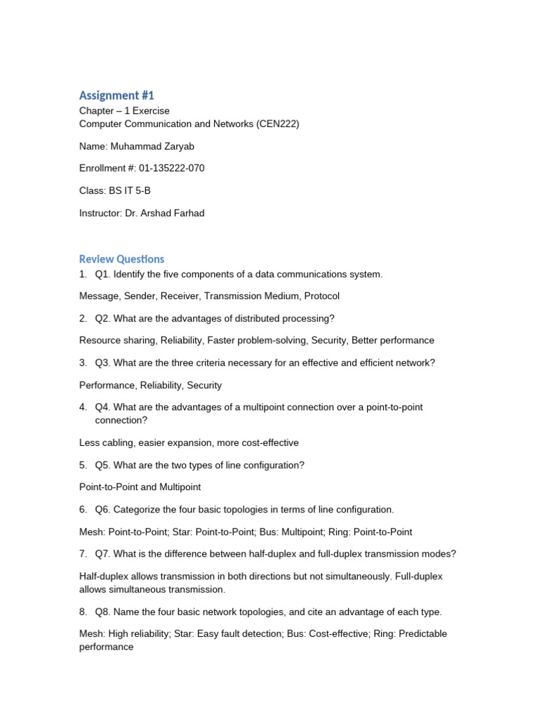 CEN222 Assignment Chapter1 Muhammad Zaryab | PDF | Computer Network ...