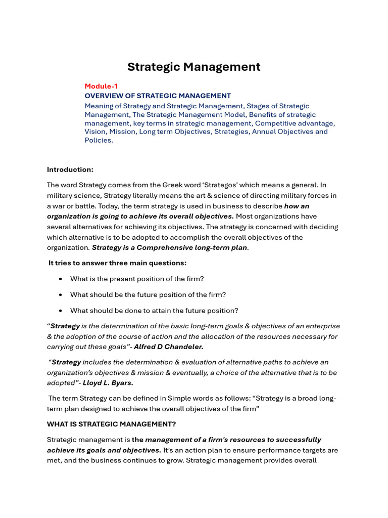 Module 1 Strategic Management | PDF | Strategic Management | Competitive Advantage
