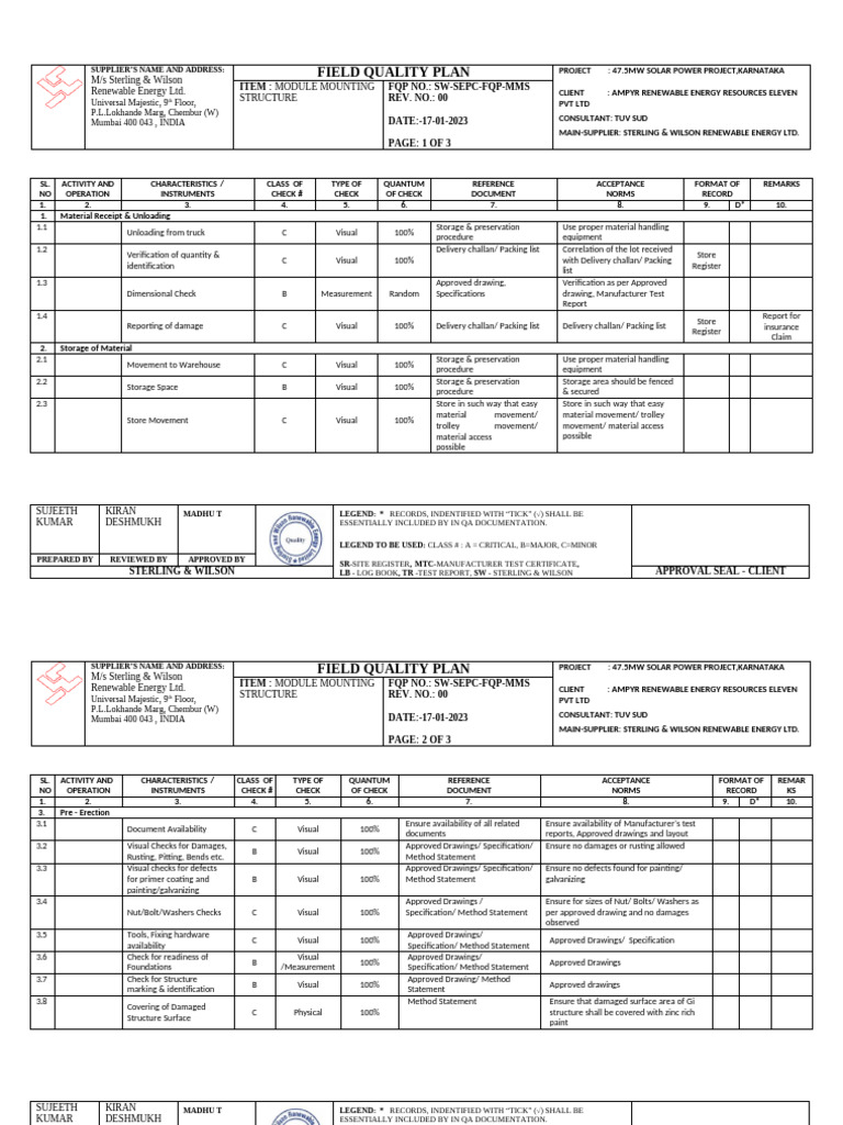Field Quality Plan for Solar Project | PDF