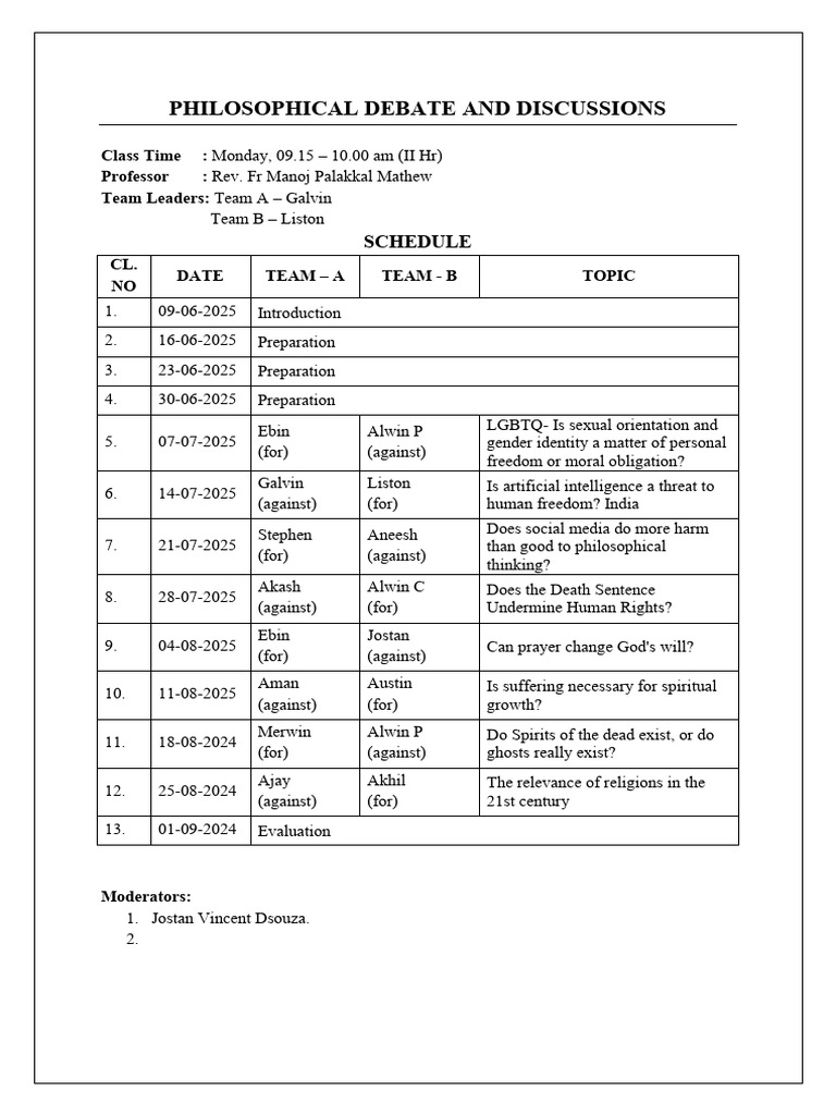Philosophical Debate and Discussions - Date and Speaker | PDF