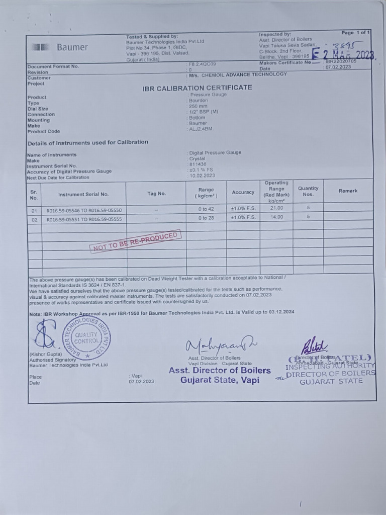 IBR Calibration Certificate for Pressure Gauges | PDF | Calibration ...