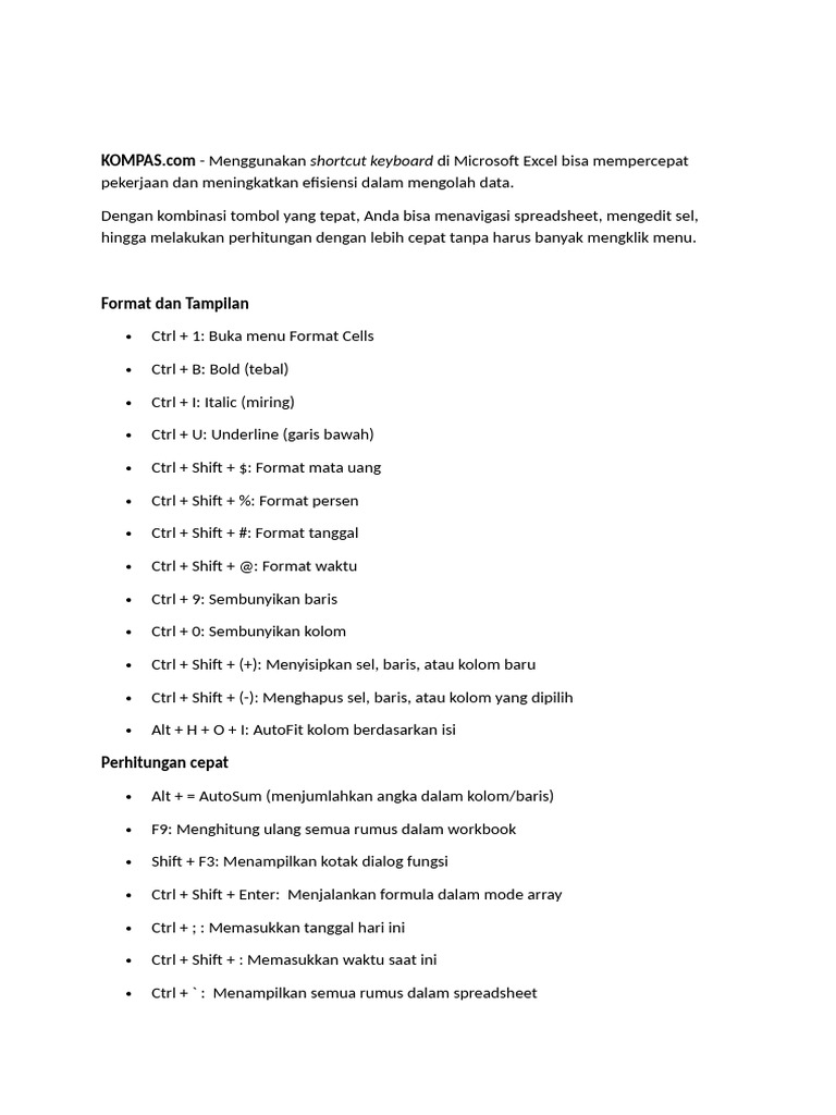 Shortcut Keyboard Efisien di Excel | PDF
