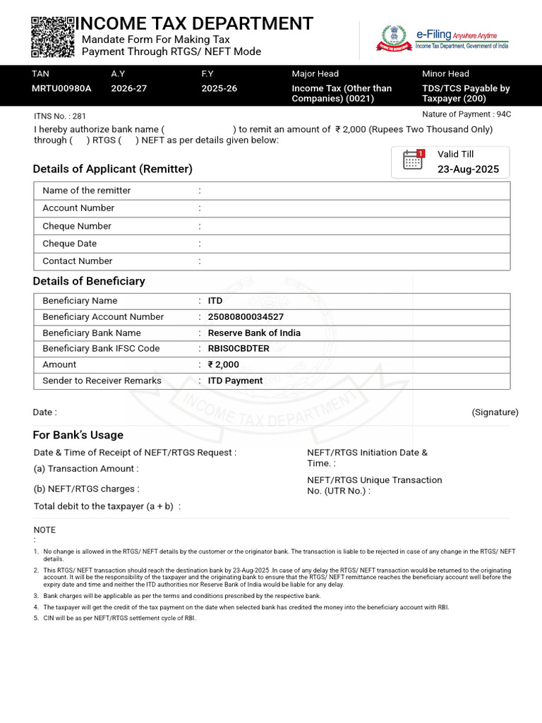 RTGS Payment Mandate for Tax Filing | PDF | Payments | Services (Economics)