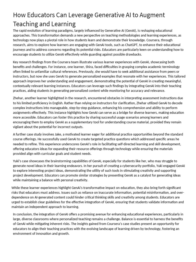 Leveraging Generative AI in Education | PDF | Learning | Creativity