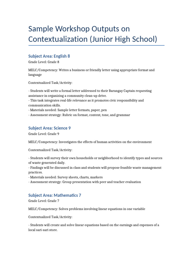 Sample Contextualization Outputs JHS | PDF | Learning | Curriculum