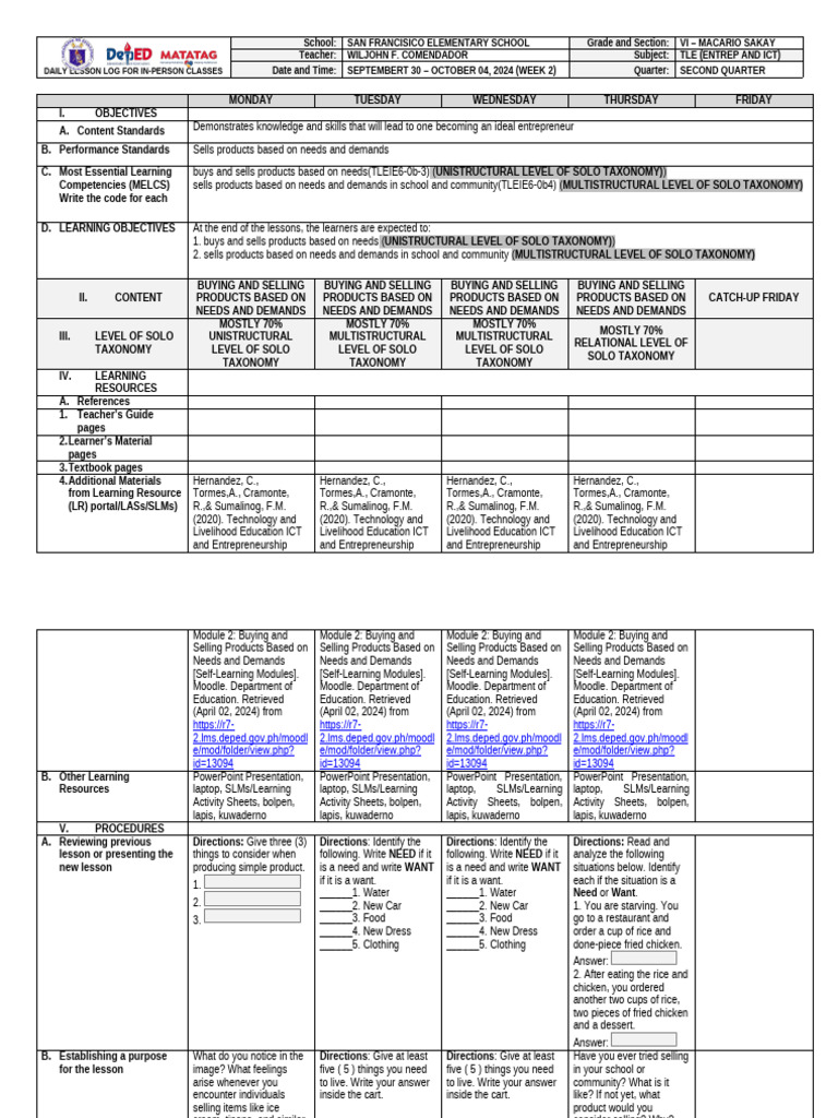 g6 q1w2 DLL Tle - Entrep and Ict (Melcs) | PDF