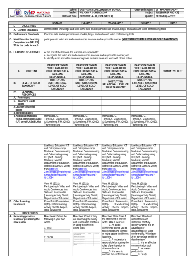 g6 q1w4 DLL Tle - Entrep and Ict (Melcs) | PDF | Videotelephony ...