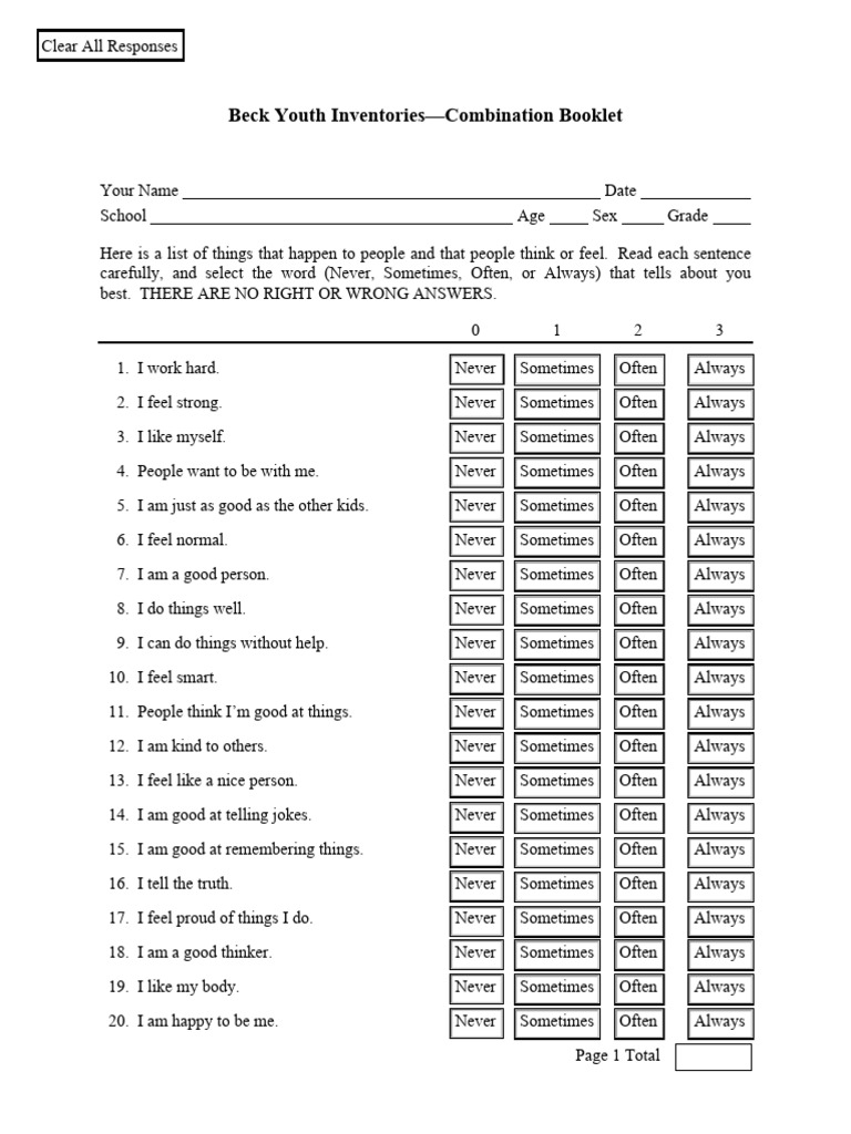 Beck Youth Inventories Assessment Tool | PDF