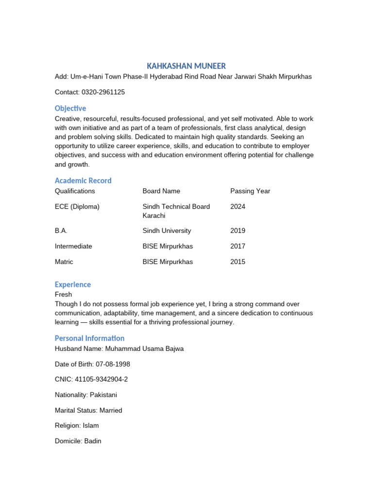 Kahkashan Muneer CV | PDF