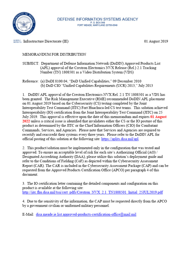Crestron Electronics NVX Rel. 2.1 DoDIN APL Approval Memo | PDF ...