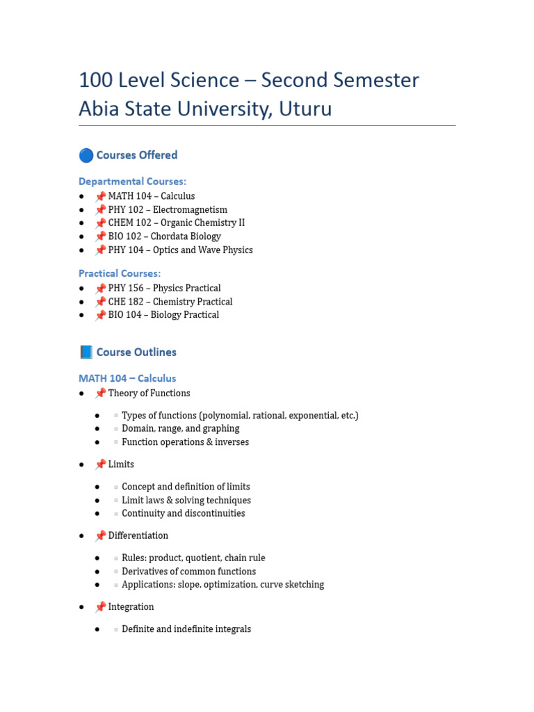Second Semester Syllabus for 100 Level Optometry | PDF | Integral | Amine