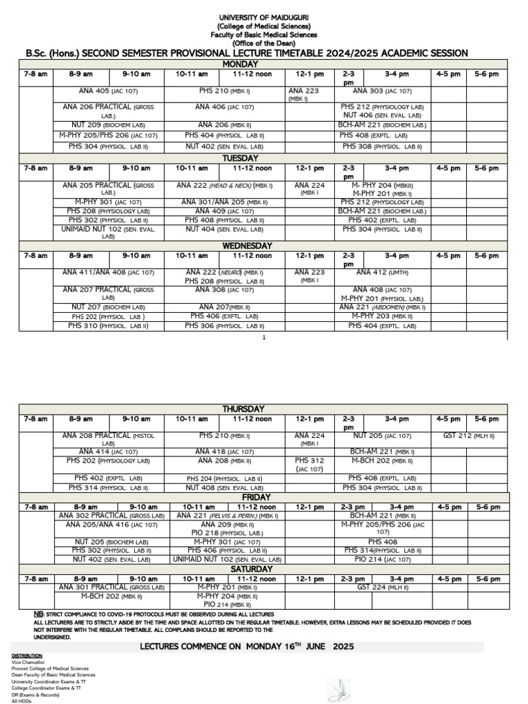 UNIMAID Medical Sciences Lecture Timetable | PDF | Academia