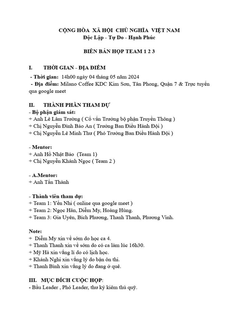 BIÊN BẢN HỌP TEAM 1 2 3 04 - 05 - 2024 | PDF