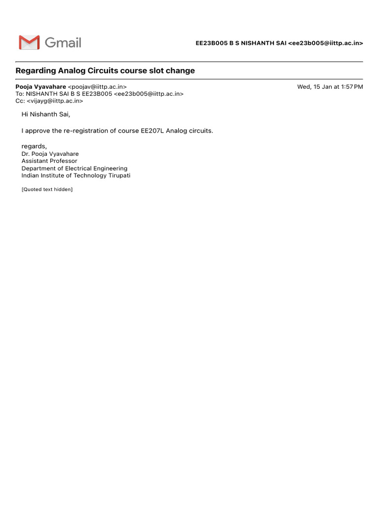Regarding Analog Circuits Course Slot Change | PDF