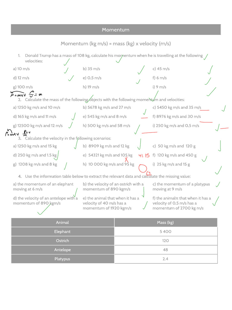 Week 5 Physics Y10 OPTIONAL Momentum Equation Practice | PDF