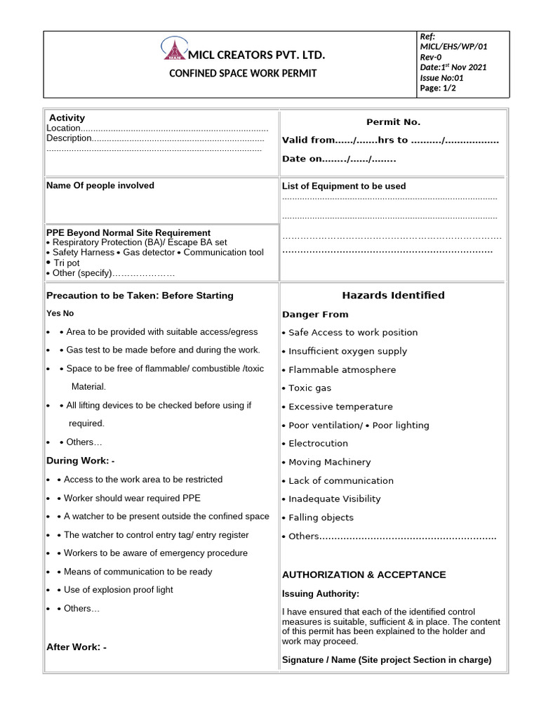 Confined Space CHECKLIST | PDF | Workplace | Working Conditions
