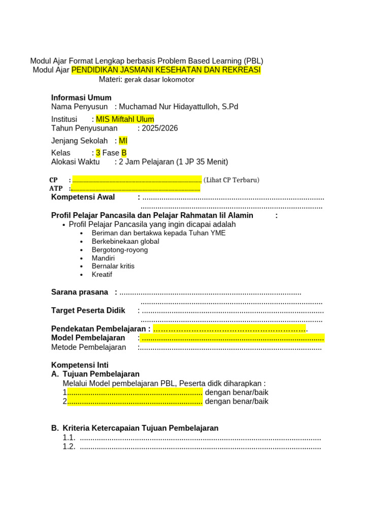 Modul PBL Pendidikan Jasmani Kelas 3 | PDF