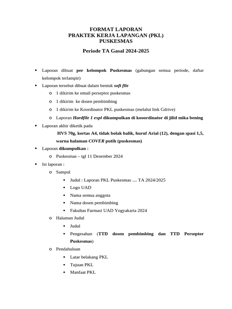 Format Laporan. PKL Puskesmas 24-25 | PDF