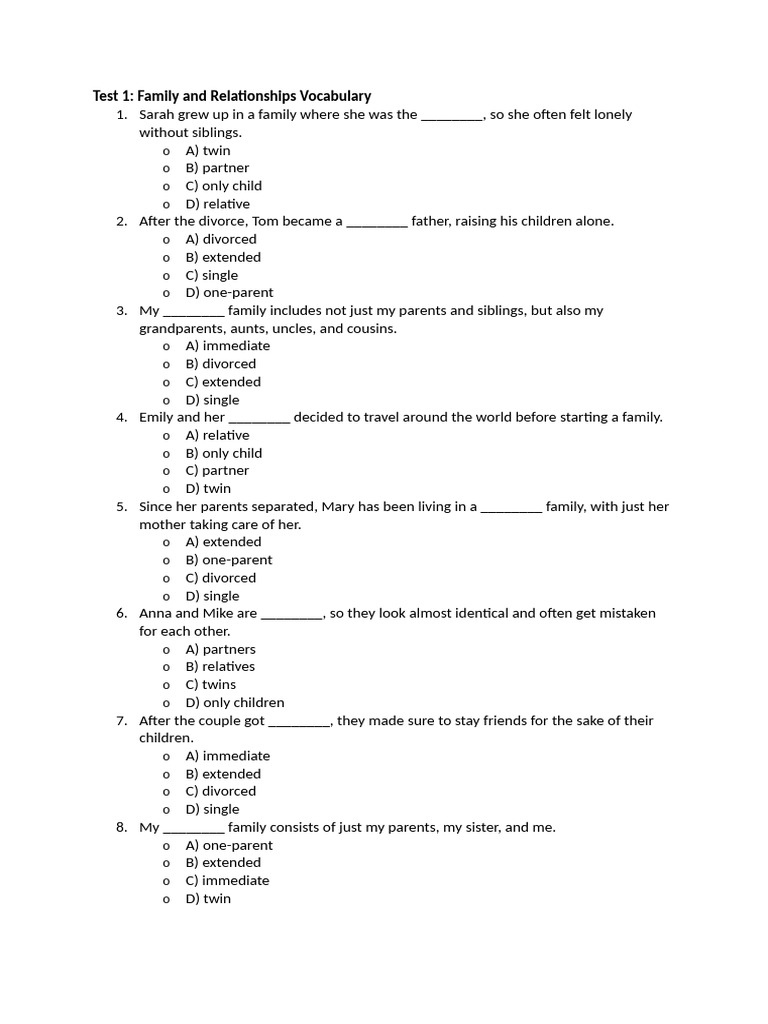 Unit 1 - Vocab Quiz - Family (Students) | PDF
