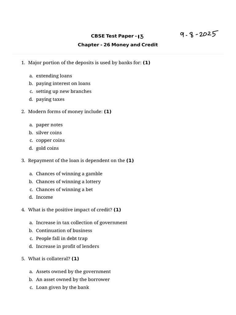Money and Credit Paper Test 13 | PDF