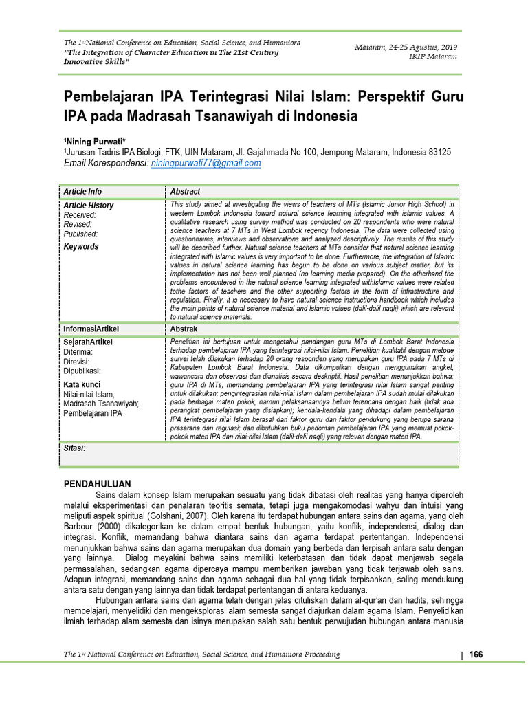Pembelajaran IPA Terintegrasi Nilai Islam_Perspektif Guru IPA Pada Madrasah Tsanawiyah Di ...
