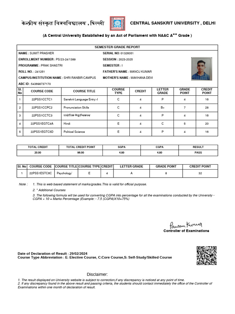 Ps 23-24-1389 Prak Shastri Yearsession 2023-2024-January-Dec13 Regular Term 1 Grade Card | PDF