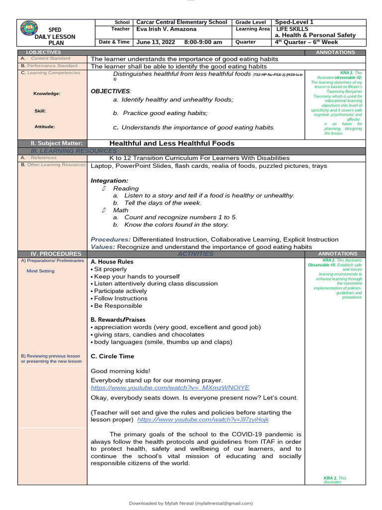 SPED Life Skills Lesson Plan: Healthy Eating | PDF | Learning | Knowledge