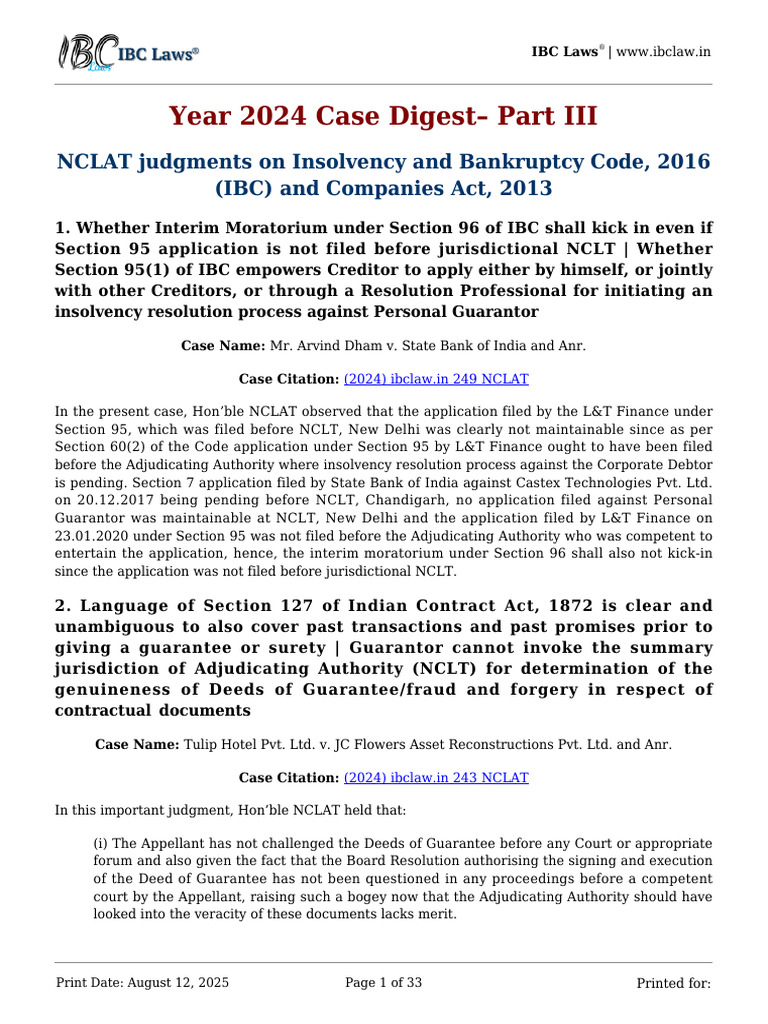 Year 2024 Case Digest - Part III: NCLAT Judgments On Insolvency and Bankruptcy Code, 2016 (IBC ...